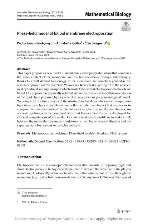 Phase Field Model Of Bilipid Membrane Electroporation Request Pdf