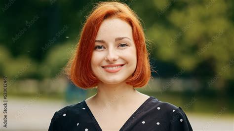 Zdjęcie Stock Close Up Outdoors Portrait Of Human Female Face Caucasian Young Girl Redhead