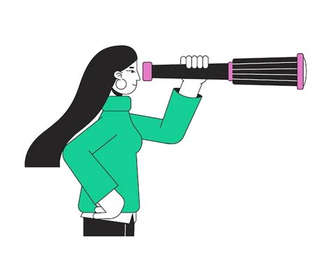 Premium Vector Woman Looking At Monocular Telescope Flat Line Color Vector Character