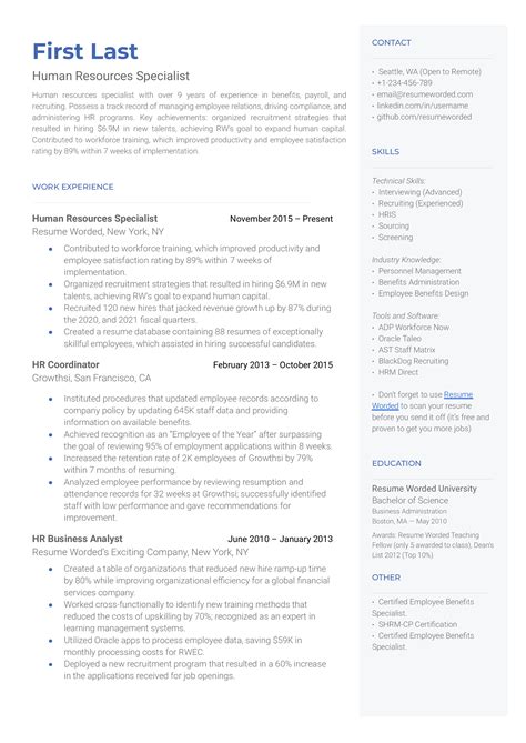 Human Resources Specialist Resume Examples For 2025 Resume Worded