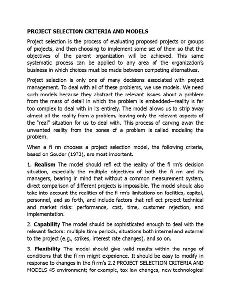 Project Selection Criteria And Models Pdf Net Present Value