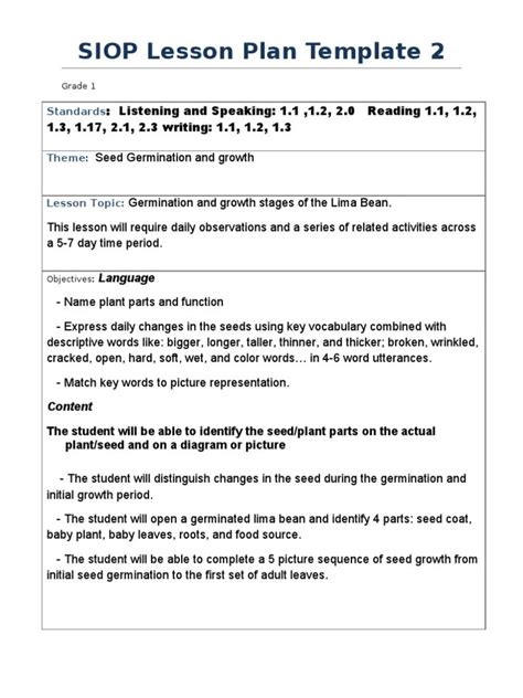 Siop Lesson Plan Templates