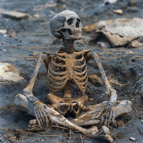 A Skeleton Sits In The Mud With A Stick In Its Mouth Premium Ai