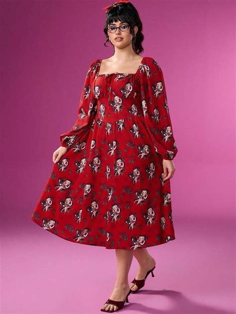 Betty Boop X Shein Plus Size Allover Print Square Neck Lantern Sleeve