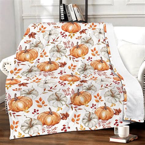 Autumn Orange White Pumpkin Throw Blanket Fall Flannel Blankets Throw