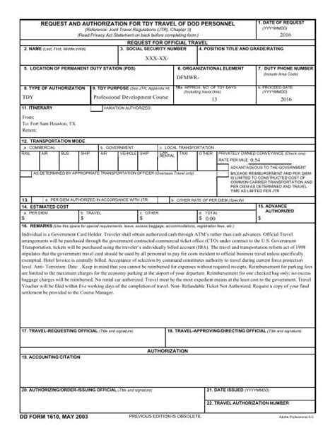 Dd Form 1610 Request And Authorization For Tdy Travel Of Dod Personnel