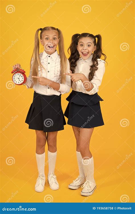 Time For Lunch School Schedule Schoolgirls And Alarm Clock Stock