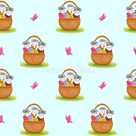Easter Seamless Pattern With Funny Sweets Cupcake Cake Dessert With
