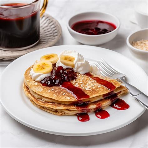 Panqueque De Avena Con Queso Cottage De Plátano Y Mermelada Foto Premium