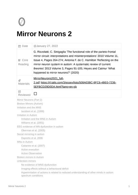 Mirror Neurons 2 Lecture Notes Mirror Neurons 2 Date Core Reading G Rizzolatti C