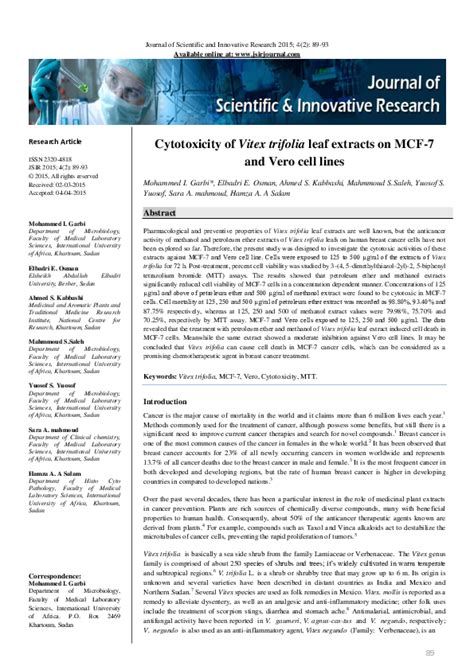 Pdf Cytotoxicity Of Vitex Trifolia Leaf Extracts On Mcf 7 And Vero