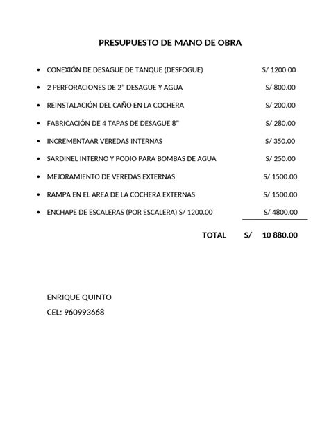 Presupuesto De Mano De Obra Pdf