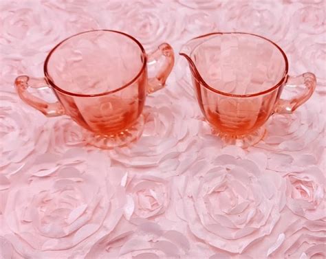 Pink Depression Glass Creamer And Sugar Lillian Grey