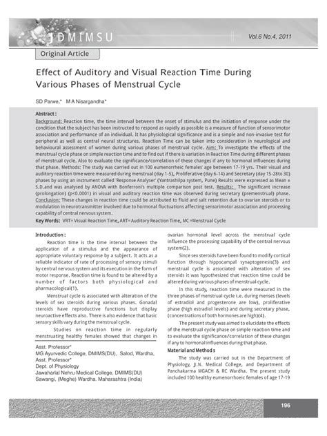 Pdf Effect Of Auditory And Visual Reaction Time During Various Phases Of Menstrual Cycle