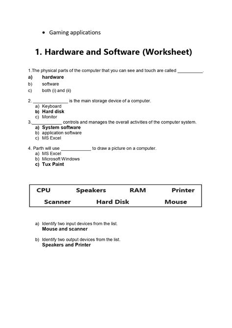 Grade 3 Computer Ch 1 Hardware And Software N B And W S Work