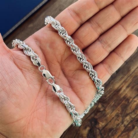 Real Solid Sterling Silver 7mm Mens Diamond Cut Rope Chain Bracelet Or
