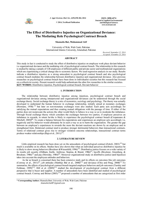 Pdf The Effect Of Distributive Injustice On Organizational Deviance