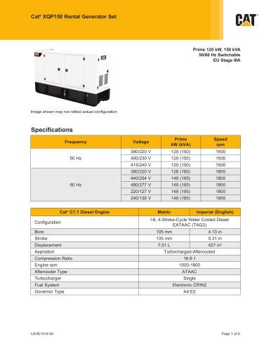 Xqp150 Rental Generator Set Spec Sheet Eu Stage Iiia Cat Pdf Catalogs Technical
