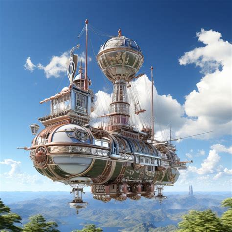 The Airship Flies Across The Sky Fantasy Air Transport Stock