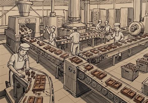 Workers In A Chocolate Factory Operate Machinery On Assembly Lines