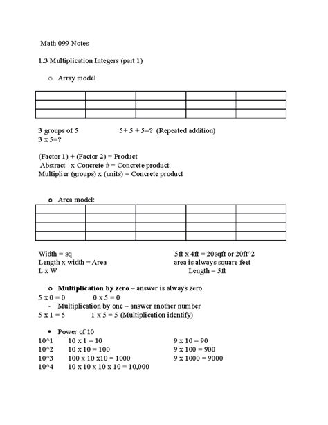 Math Notes 13 Multipication Math 099 Notes 1 Multiplication