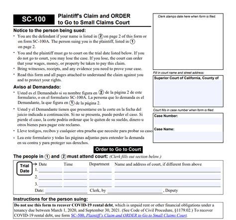 Sc 100 Plaintiffs Claim And Order To Go To Small Claims Court
