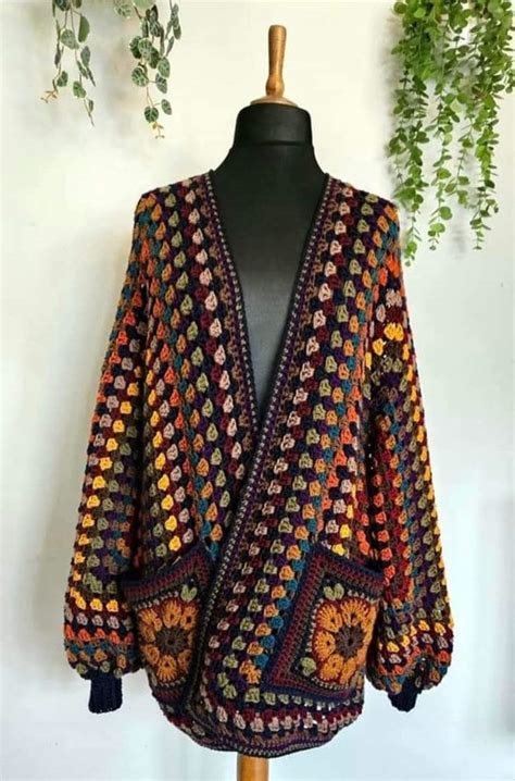 Hexagon Cardigan With African Flower Granny Square Back Detail And