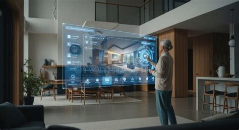 Senior Woman Interacts With A Holographic Home Control System Stock