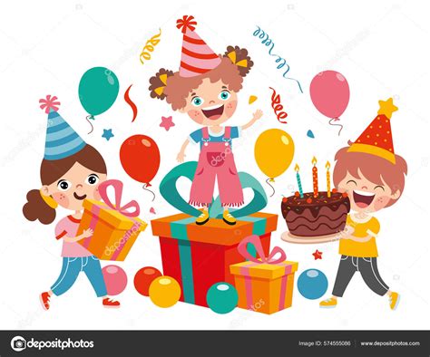 Niños Dibujos Animados Celebrando Fiesta Cumpleaños Vector De Stock Por