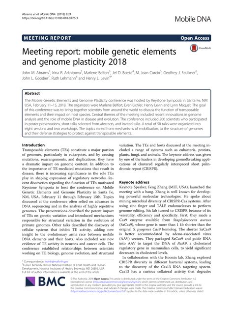 Pdf Meeting Report Mobile Genetic Elements And Genome Plasticity 2018