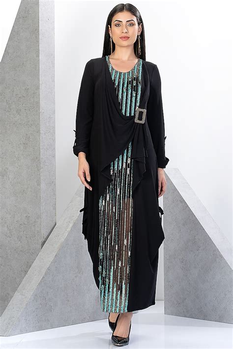 black and turquoise poly crepe embroidered wrap gown with inner by eli