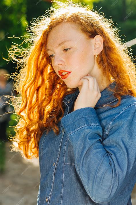 Premium Photo Street Portrait Of Lovely Young Ginger Model With Curly