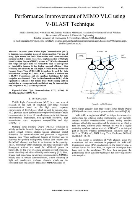 Pdf Performance Improvement Of Mimo Vlc Using V Blast Technique