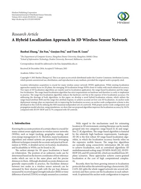 PDF A Hybrid Localization Approach In D Wireless Sensor Network
