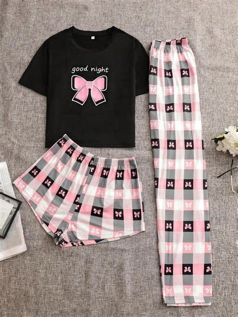 Womens Plus Size Bowknot Print Colorblock Pajama Set Shein Uk