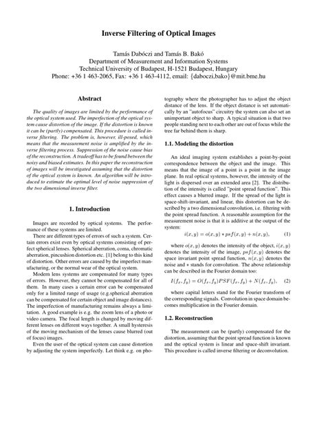 Pdf Inverse Filtering Of Optical Images