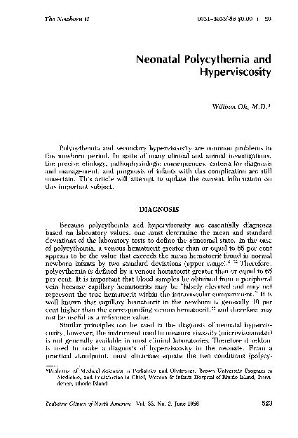 Pdf Neonatal Polycythemia And Hyperviscosity Ted Rosenkrantz