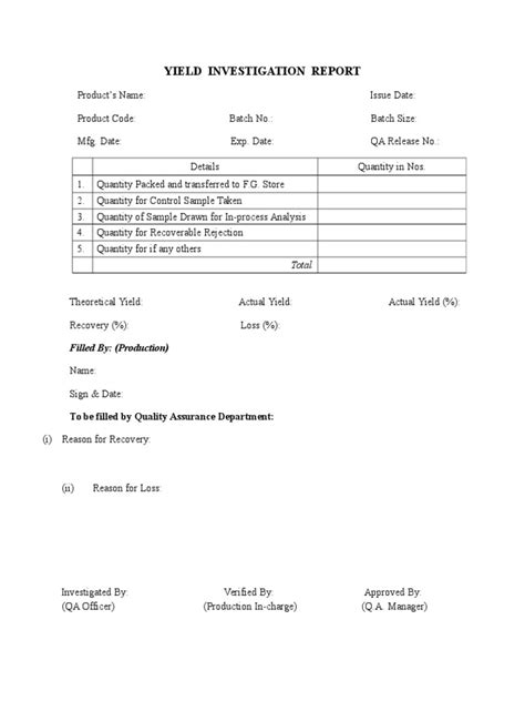 Yield Investigation Report Pdf