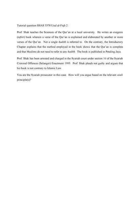 Tutorial Question Shas 3378 Tutorial Question Shas 3378 Usul Al Fiqh 2 Prof Shak Teaches