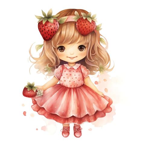 Premium Ai Image Watercolor Strawberry Cute Full Body Smiling Little