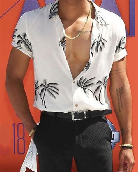 Beach Print Short Sleeve Shirt Social Shirt Men Casual Mens Shirts