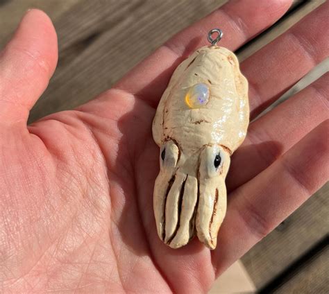 Ivory Clay Cuttlefish Pendant With Opal Squid Octopus Etsy