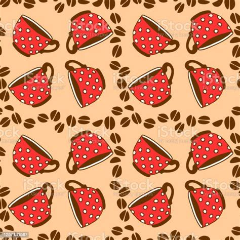 빨간 물방울 무늬 컵 머그잔과 커피 곡물이 있는 매끄러운 패턴 손으로 그린 부엌 은 고립 된 공급 벡터 배경 및 텍스처 포장 가정 장식 직물 메뉴 카페에 적합 0명에 대한