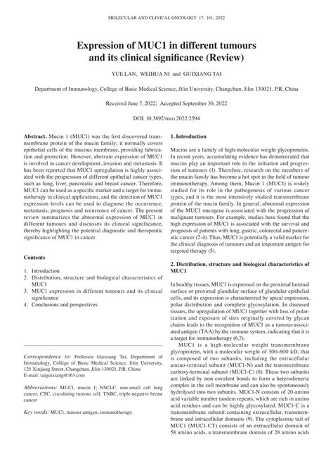 Pdf Expression Of Muc1 In Different Tumours And Its Clinical Significance Review