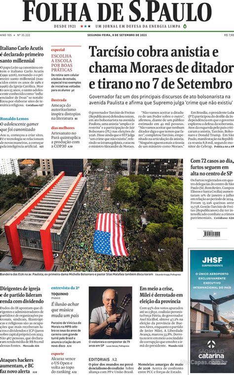 Capa Folha De S Paulo Edição Segunda 8 De Setembro De 2025
