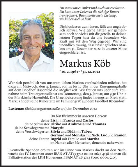 Todesanzeigen Von Markus Köb Todesanzeigen Vorarlberger Nachrichten