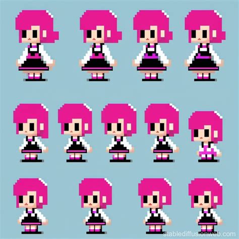 Pixel Art Sprite Sheet Pink Haired Candy Dress Character In Four
