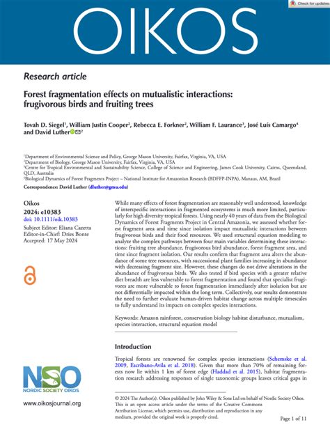 Pdf Forest Fragmentation Effects On Mutualistic Interactions Frugivorous Birds And Fruiting Trees