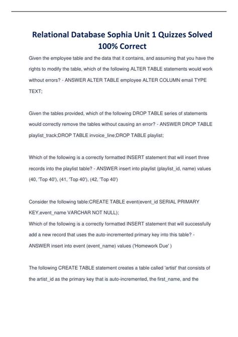 Relational Database Sophia Unit 1 Quizzes Solved 100 Correc