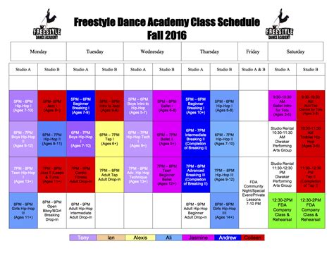 Fall 2016 Freestyle Dance Academy Dance Schedule Freestyle Dance
